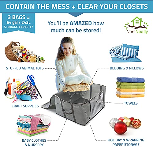 NestNeatly Large Capacity Clothes Storage Bag Organizer with Reinforced Handle for Comforters, Blankets, Bedding, Foldable with Sturdy Zipper, Clear Window, 3 Pack, Gray