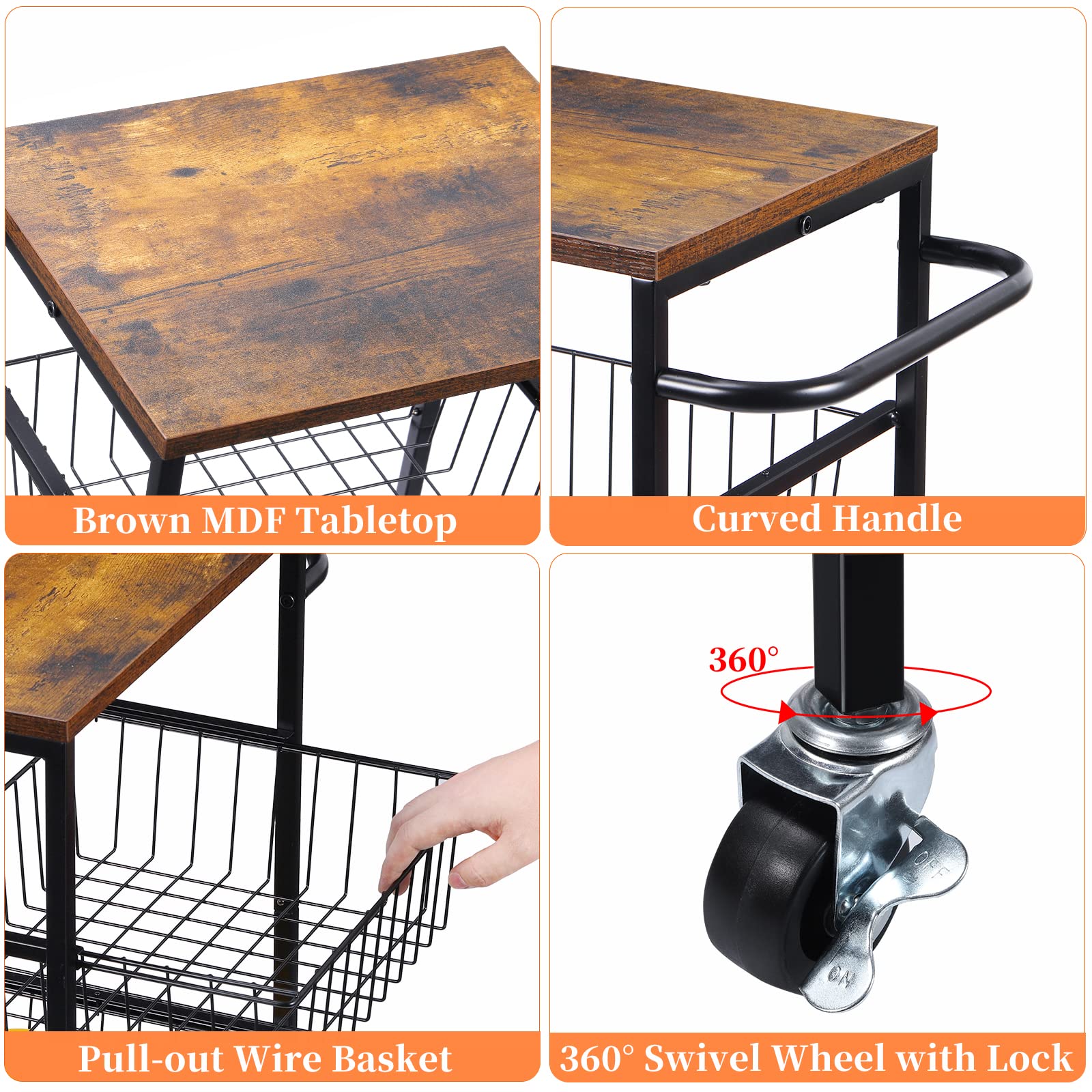 Kitchen Storage Cart on Wheels 4 Tier Rolling Storage Cart with Mesh Wire Basket and Handle Utility Storage Trolley Serving Cart with Wooden Tabletop for Small Space Dining Room Bathroom Rutic Brown