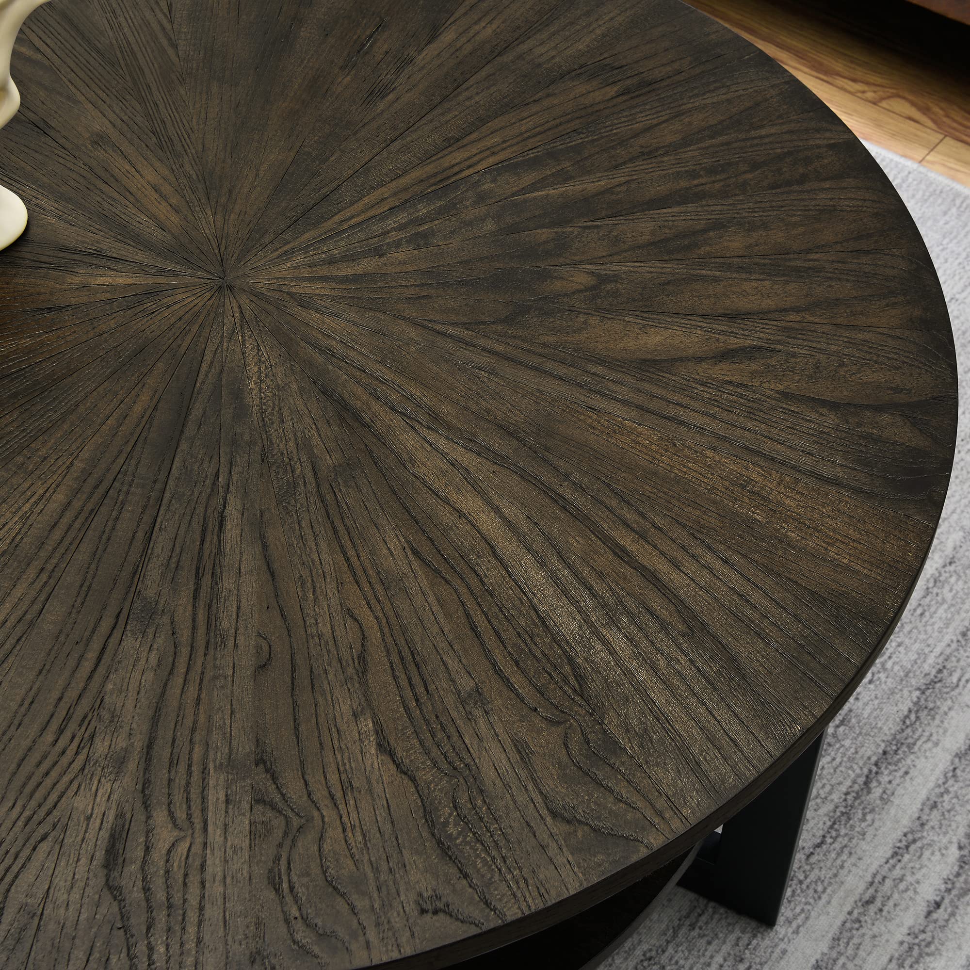 MODERION Round Coffee Table with Storage Shelf, Farmhouse Living Room Cocktail Table with Black Metal Legs, Circular Solid Wood Center Tea/ Sofa Table, 35.3''Dx17.8''H, Brushed Black KFZ1338BK