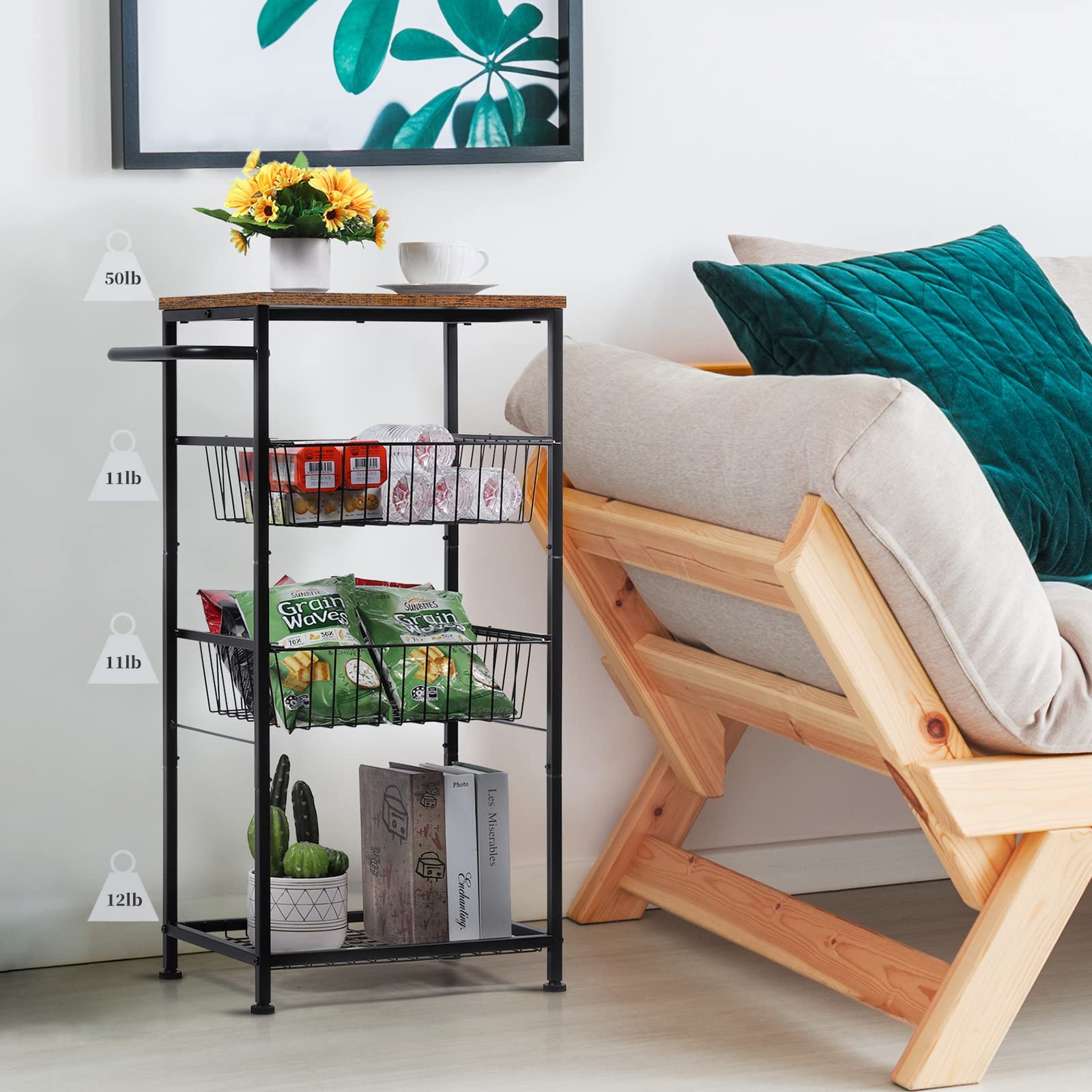 Kitchen Storage Cart on Wheels 4 Tier Rolling Storage Cart with Mesh Wire Basket and Handle Utility Storage Trolley Serving Cart with Wooden Tabletop for Small Space Dining Room Bathroom Rutic Brown