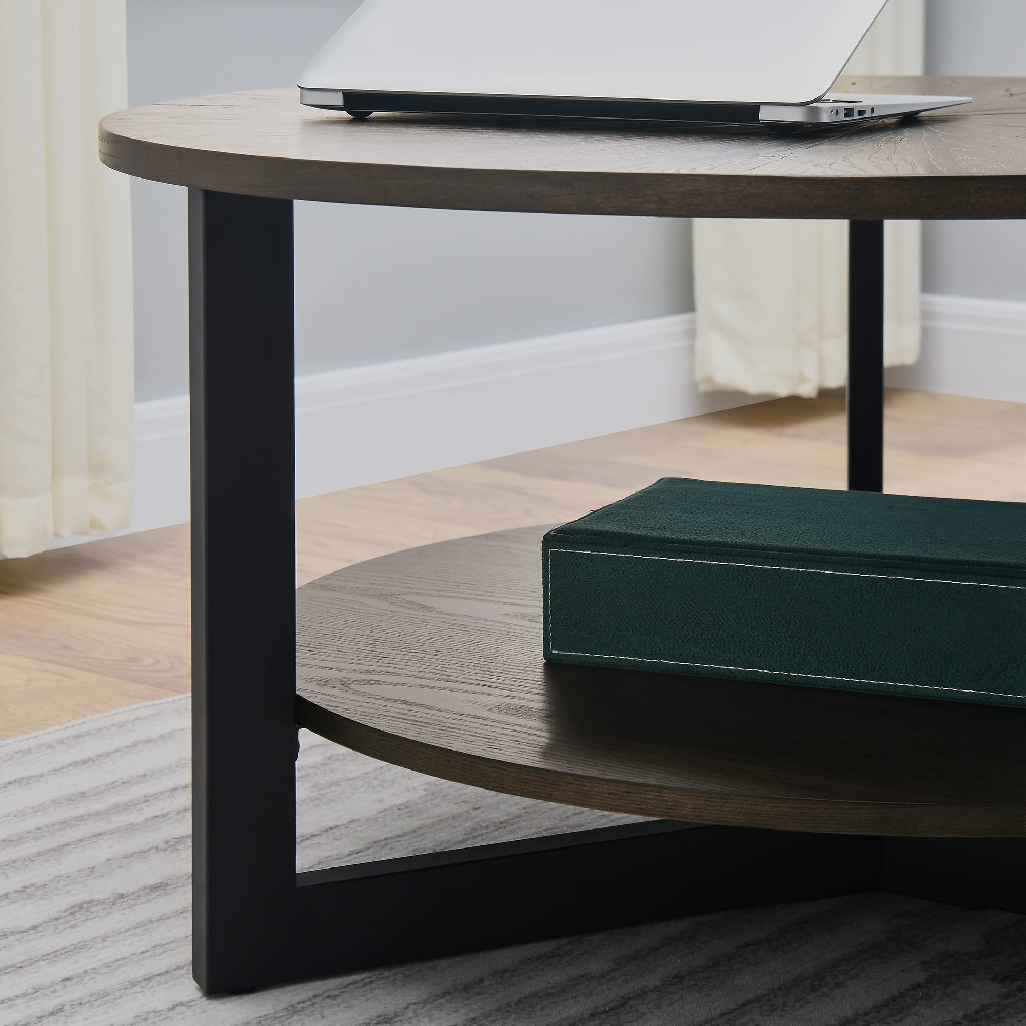 MODERION Round Coffee Table with Storage Shelf, Farmhouse Living Room Cocktail Table with Black Metal Legs, Circular Solid Wood Center Tea/ Sofa Table, 35.3''Dx17.8''H, Brushed Black KFZ1338BK