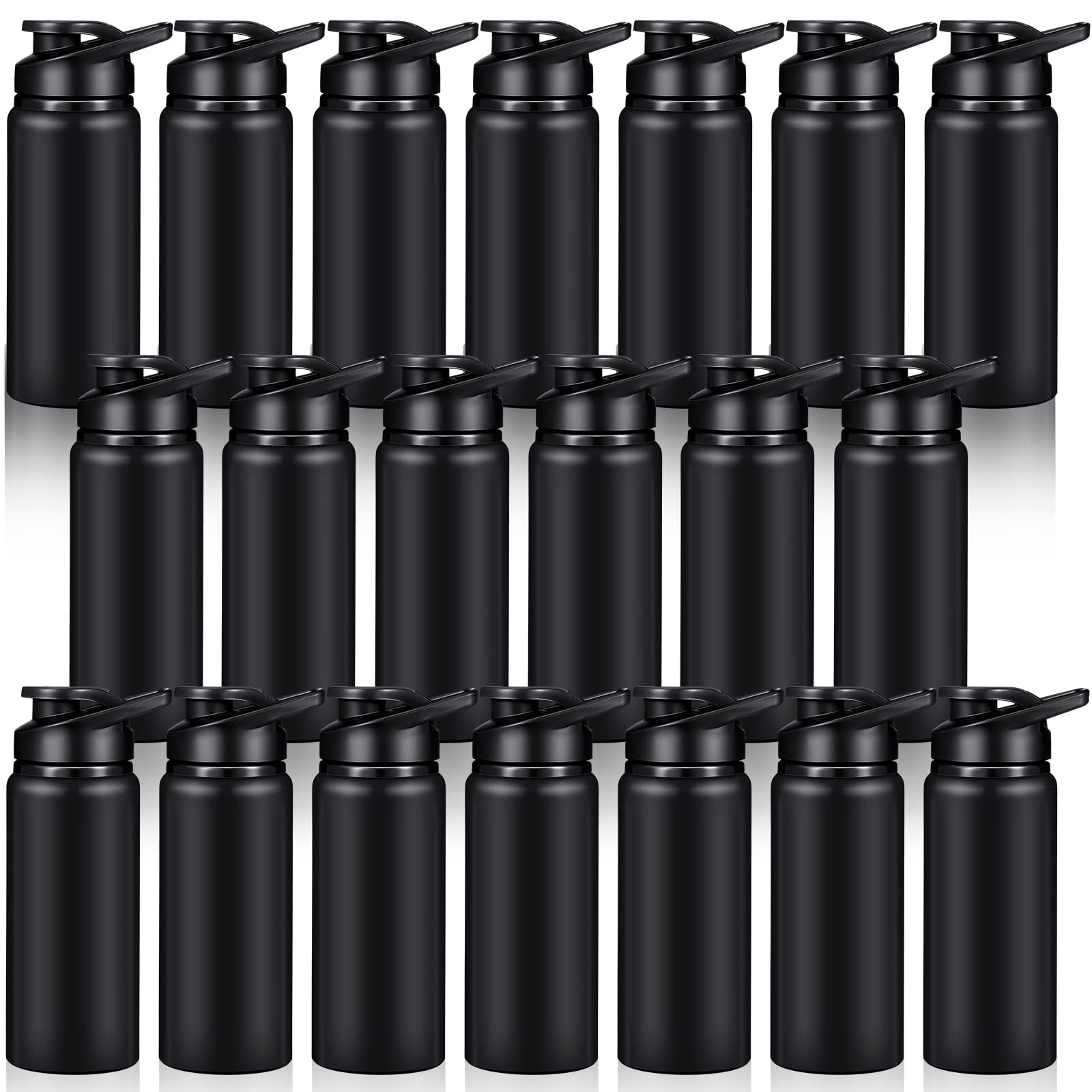 Potchen 20 Pack Aluminum Water Bottles 20 Oz Metal Sports Bottles with Snap Lids Portable Bike Water Reusable Travel Container with Handle Bulk Pack School Supplies(Black)