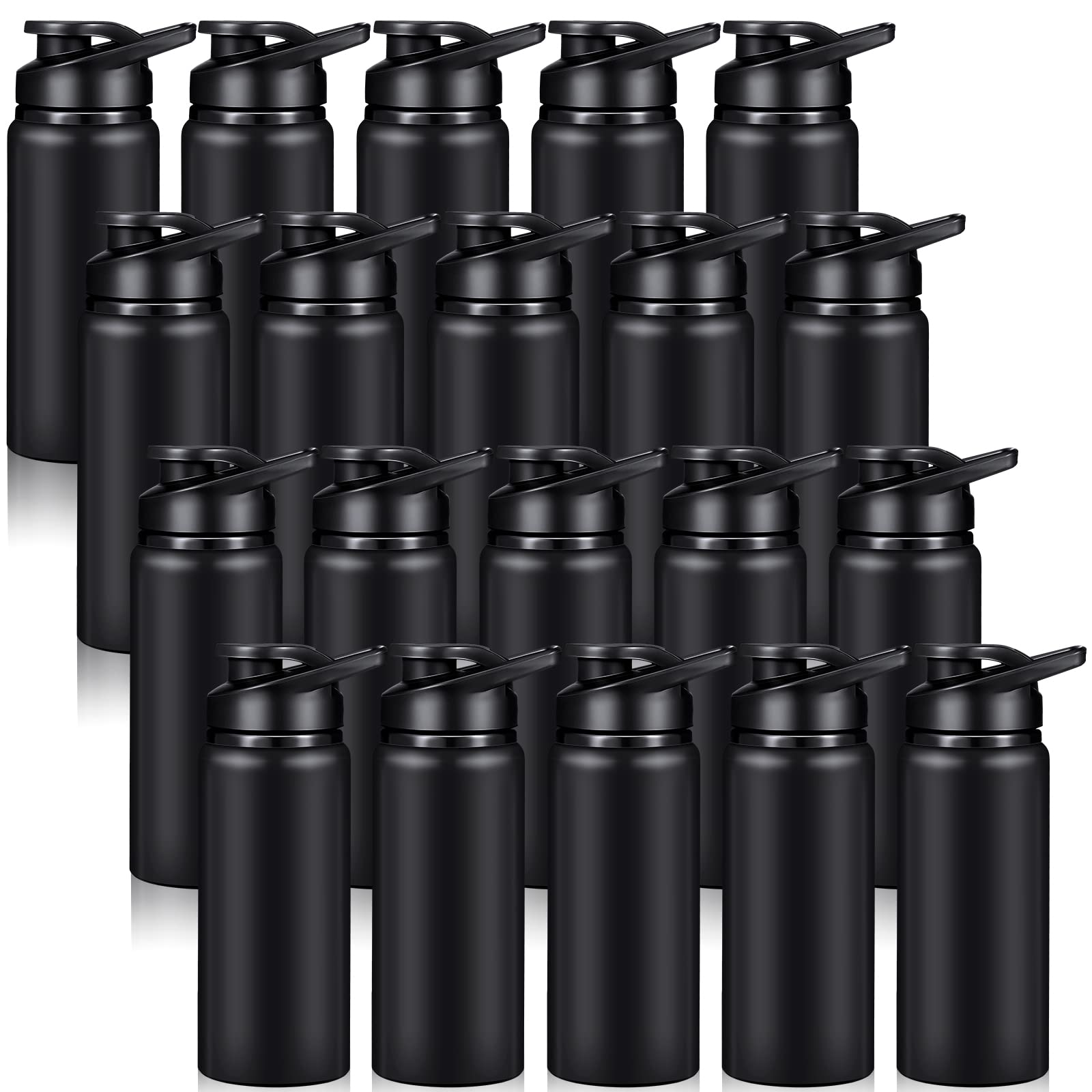 Potchen 20 Pack Aluminum Water Bottles 20 Oz Metal Sports Bottles with Snap Lids Portable Bike Water Reusable Travel Container with Handle Bulk Pack School Supplies(Black)