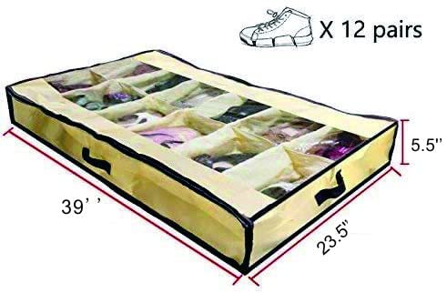 Shonpy 2pcs Men/Woman 12 Cells See Through Underbed shoes and boots Storage Bag Organizer with PVC window (2) (beige)