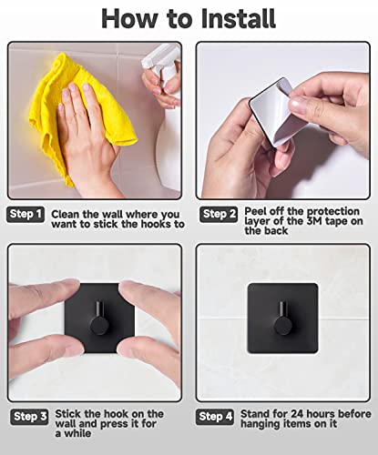 YOGEERNIC 2 PCS Adhesive Towel Hooks for Wall, No Drilling Removable Wall Hooks for Hanging, Heavy Duty Robe and Towel Hooks for Bathroom Bedroom Kitchen Hotel(Matte Black)
