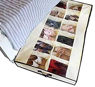 Shonpy 2pcs Men/Woman 12 Cells See Through Underbed shoes and boots Storage Bag Organizer with PVC window (2) (beige)