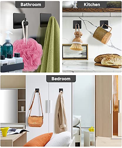 YOGEERNIC 2 PCS Adhesive Towel Hooks for Wall, No Drilling Removable Wall Hooks for Hanging, Heavy Duty Robe and Towel Hooks for Bathroom Bedroom Kitchen Hotel(Matte Black)