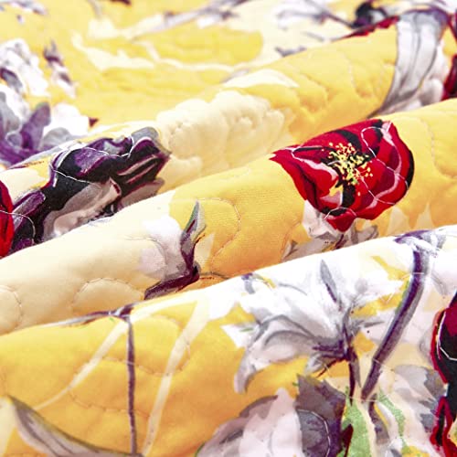 DaDa Bedding Yellow Floral Lap Quilt - Quilted Throw Blanket - Hummingbirds Farmhouse Red Flowers for Couch, Sofa or Bed- Scalloped Edges Bright Vibrant for Biophilic Design - 50 x 60