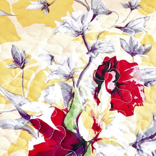 DaDa Bedding Yellow Floral Lap Quilt - Quilted Throw Blanket - Hummingbirds Farmhouse Red Flowers for Couch, Sofa or Bed- Scalloped Edges Bright Vibrant for Biophilic Design - 50 x 60