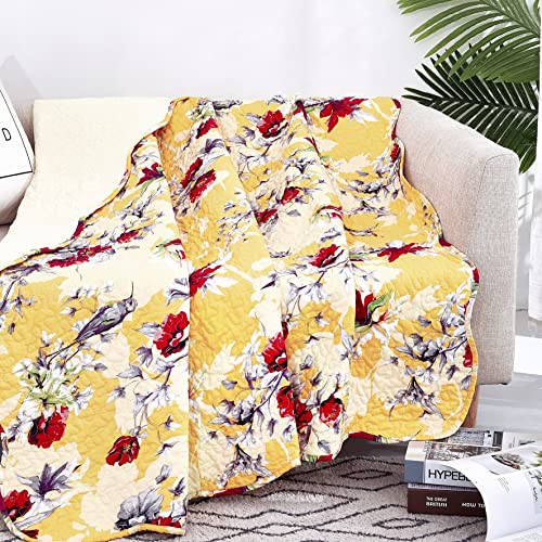 DaDa Bedding Yellow Floral Lap Quilt - Quilted Throw Blanket - Hummingbirds Farmhouse Red Flowers for Couch, Sofa or Bed- Scalloped Edges Bright Vibrant for Biophilic Design - 50 x 60