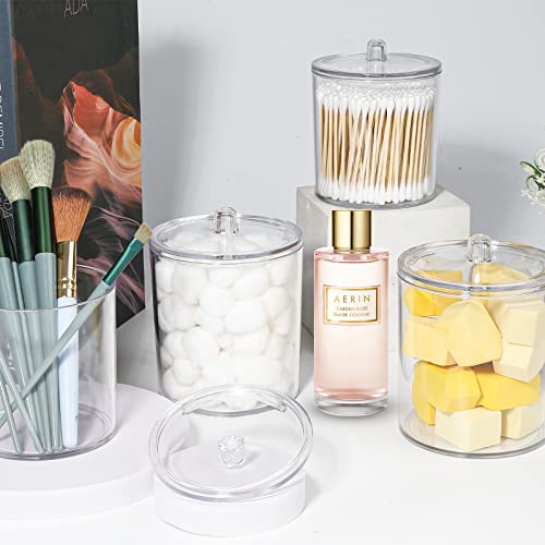 Qtip Holder Storage Canister Clear Plastic Jar for Cotton Ball,Cotton Swab,Cotton Rounds,Floss Picks, Hair Clips,Qtip Dispenser Apothecary Jars,Bathroom Organizer,Makeup Organizer with 6 Labels(15 oz+20 oz)