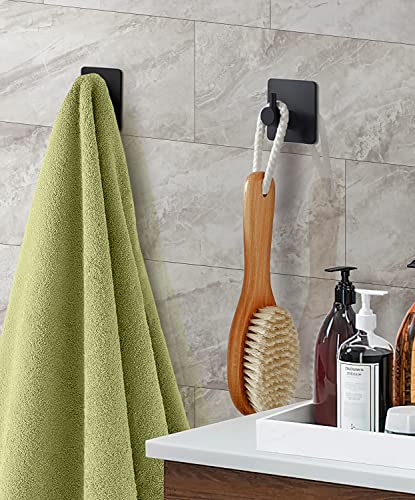 YOGEERNIC 2 PCS Adhesive Towel Hooks for Wall, No Drilling Removable Wall Hooks for Hanging, Heavy Duty Robe and Towel Hooks for Bathroom Bedroom Kitchen Hotel(Matte Black)