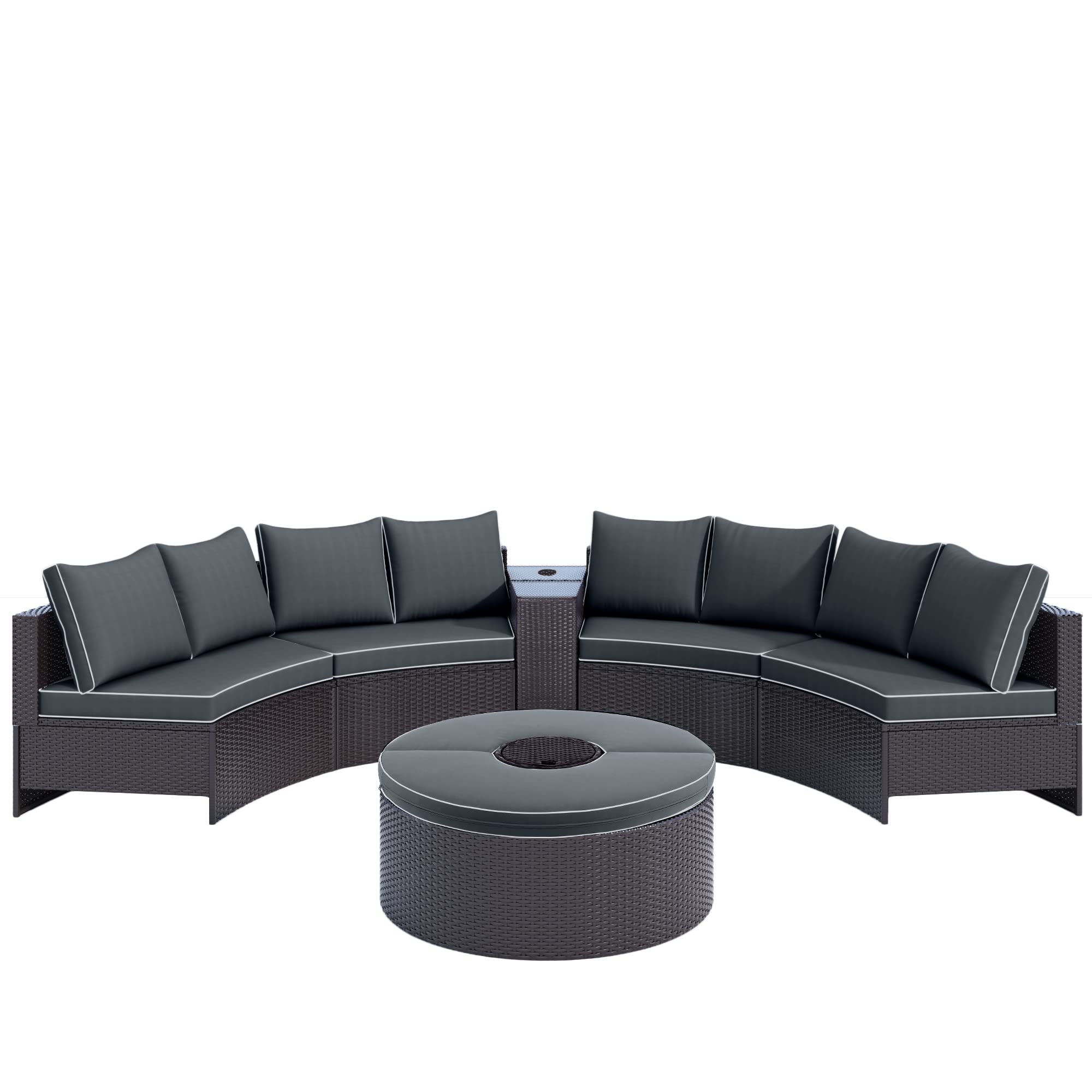 Merax Outdoor Sectional Half Patio Rattan PE Wicker Conversation Sofa Set, Storage Side Umbrella and One Multifunctional Round Table, Brown+ Gray