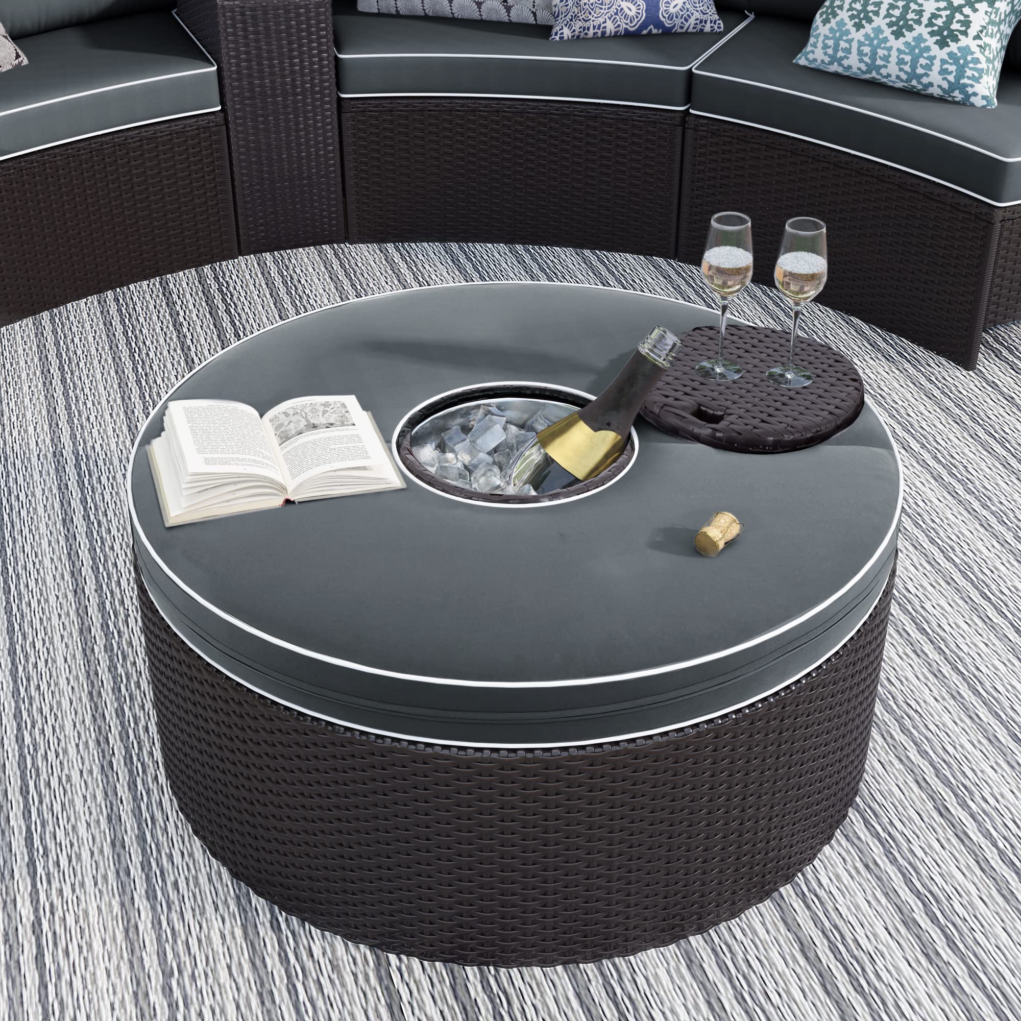 Merax Outdoor Sectional Half Patio Rattan PE Wicker Conversation Sofa Set, Storage Side Umbrella and One Multifunctional Round Table, Brown+ Gray