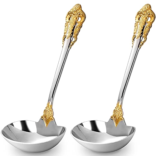 KEAWELL Luxury Gravy Ladle, 18/10 Stainless Steel, Gold Accent, Small Gravy Spoon for Home. Solid and Sturdy, Set of 2, Dishwasher Safe