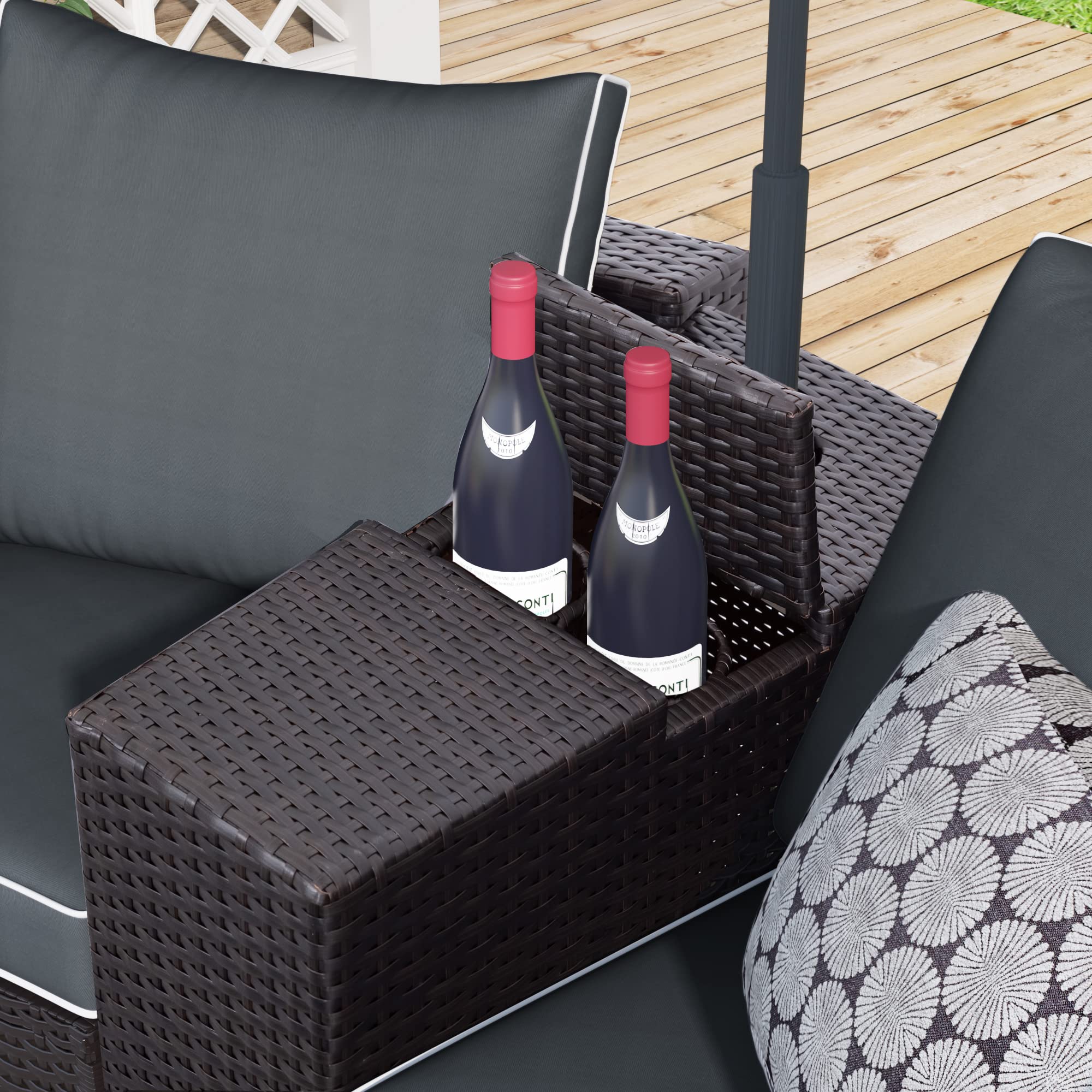 Merax Outdoor Sectional Half Patio Rattan PE Wicker Conversation Sofa Set, Storage Side Umbrella and One Multifunctional Round Table, Brown+ Gray