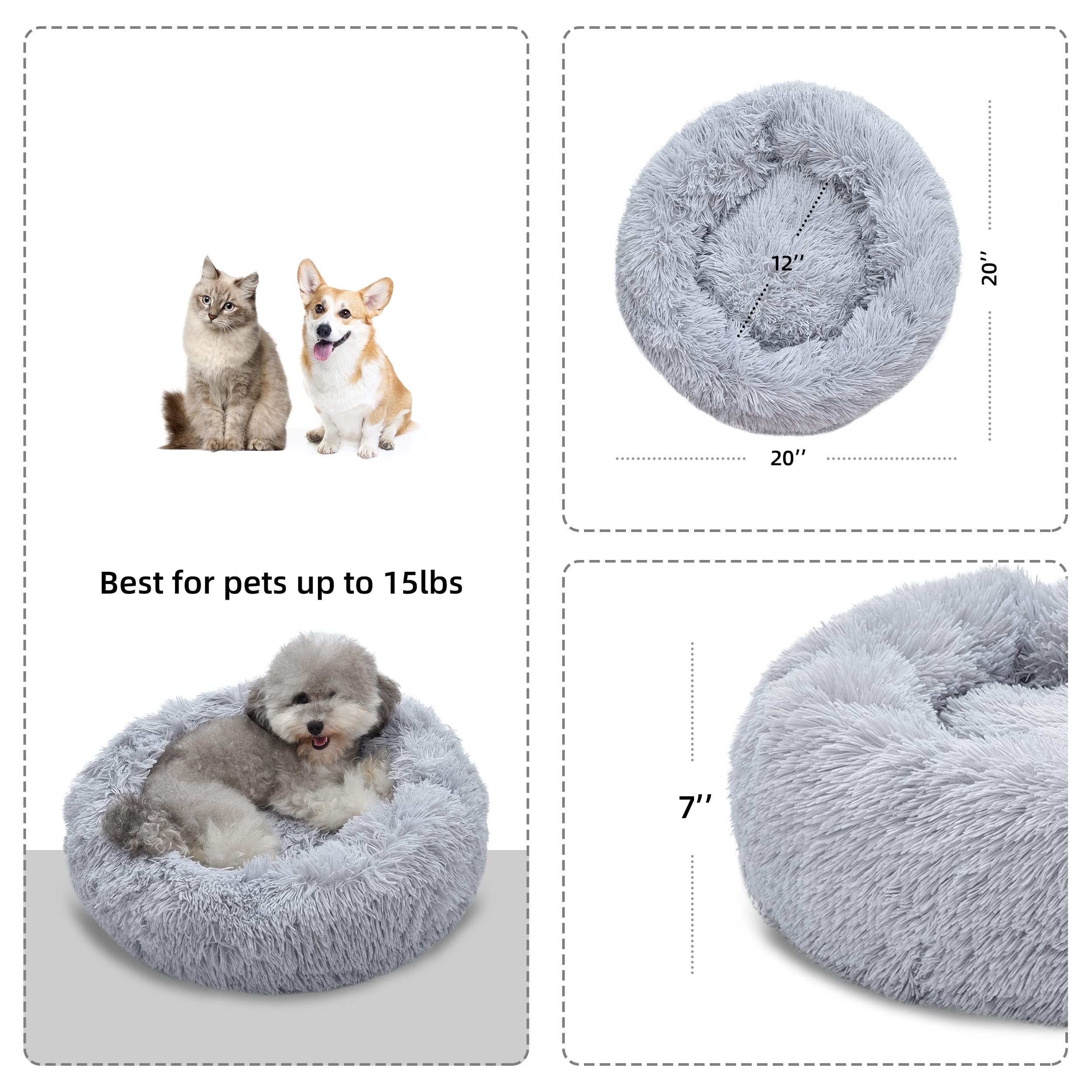 Aalklia Dog Bed Plush Anti-Anxiety Indoor Washable,Soft,Calming Sleep Cuddler with Anti-Slip Bottom,20",Grey