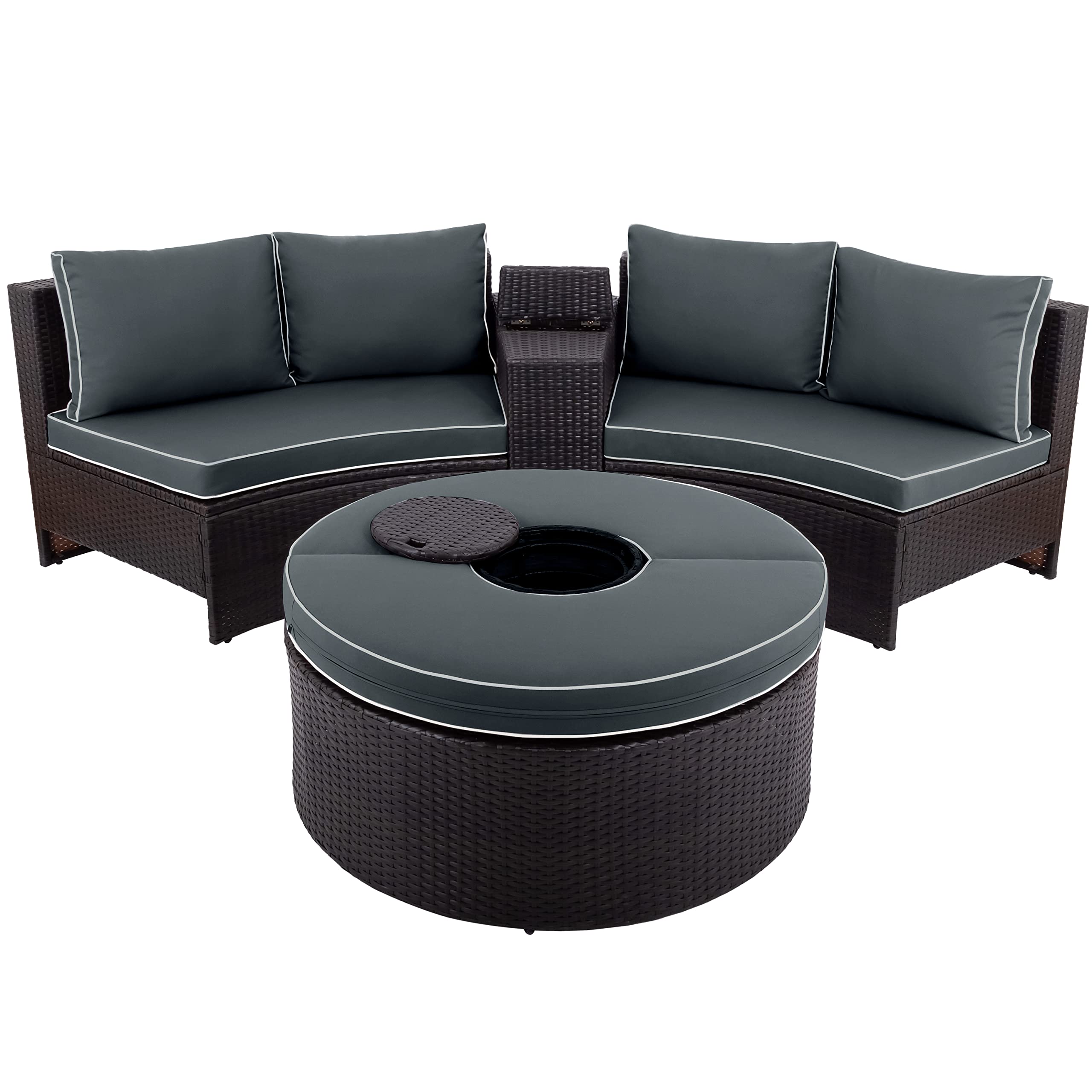 Merax Outdoor Sectional Half Patio Rattan PE Wicker Conversation Sofa Set, Storage Side Umbrella and One Multifunctional Round Table, Brown+ Gray