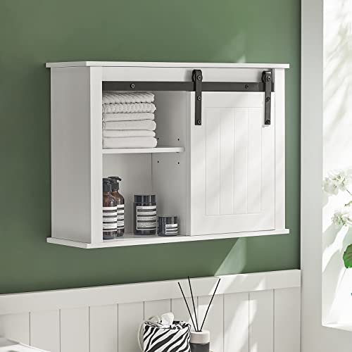 Haotian Kitchen Bathroom Wall Cabinet with Barn Door Garage Laundry Room Wall-Mounted Storage Unit Bath Organizer with Shelf, White BZR71-W