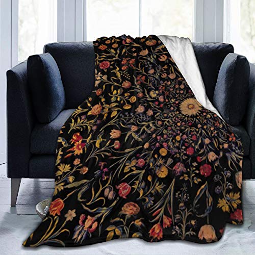 Flannel Plush Cute Throw Blanket, Medieval Flowers On Black Vintage Florals Garden Pattern Blankets for Better Relaxing Work Decorative, Air Conditioning Blanket and Quality Easy Care 80" x 60"