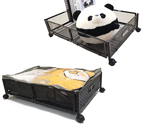 WenkeDigi Under-Bed Storage Organizer Foldable Metal Mesh Under-Bed Containers Bin With Rolling Wheels and Dust Proof Fabric Storage Bag, 2 Pack Black