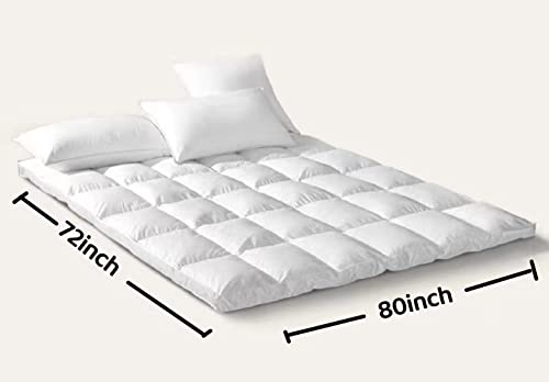 ROSE FEATHER Goose Down Feather Bed Mattress Topper,Down Matress Topper Cover with Straps,Plush Soft Fluffy Baffled Pillowtop Mattress Pad Feather Topper RV King-All Season(Size:72x80inchs)
