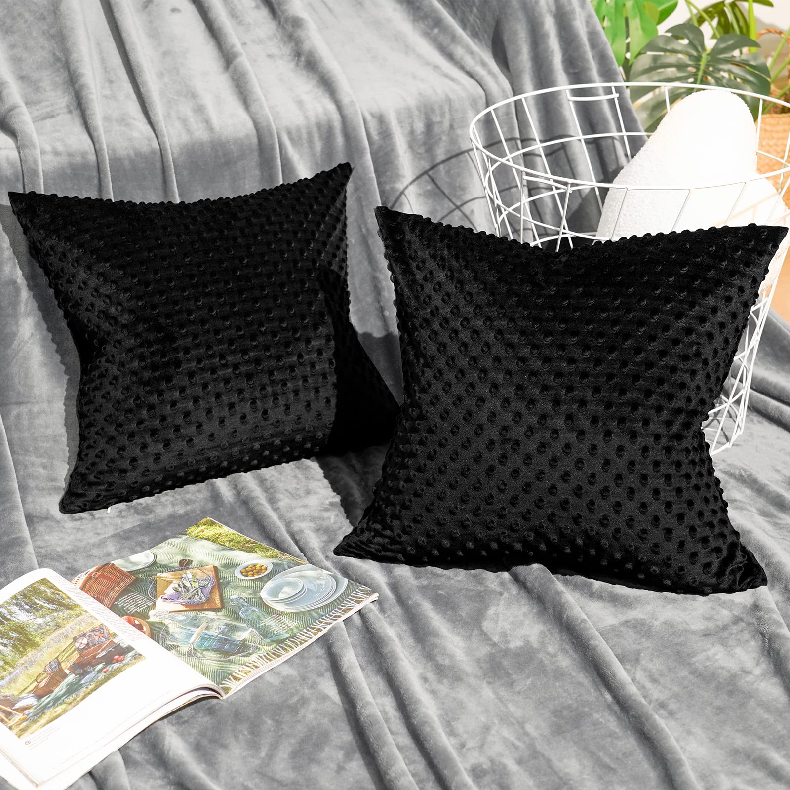 PHF Minky Dot Throw Pillow Cover 20"x 20", 2 Pack Soft Cozy Minky Bubble Real Velvet Cushion Cover, Christmas Home Decorative Pillow Pillowcase for Couch Sofa Bed, Black
