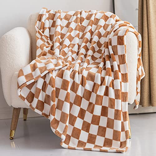 Checkerboard Throw Blankets Luxurious Plaid Flannel Blanket - Super Soft and Warm 100% Polyester Throw for Sofa, Couch, Bed, Car, and Airplane - Elegant Gift Ribbon Included (Khaki,60"x50")