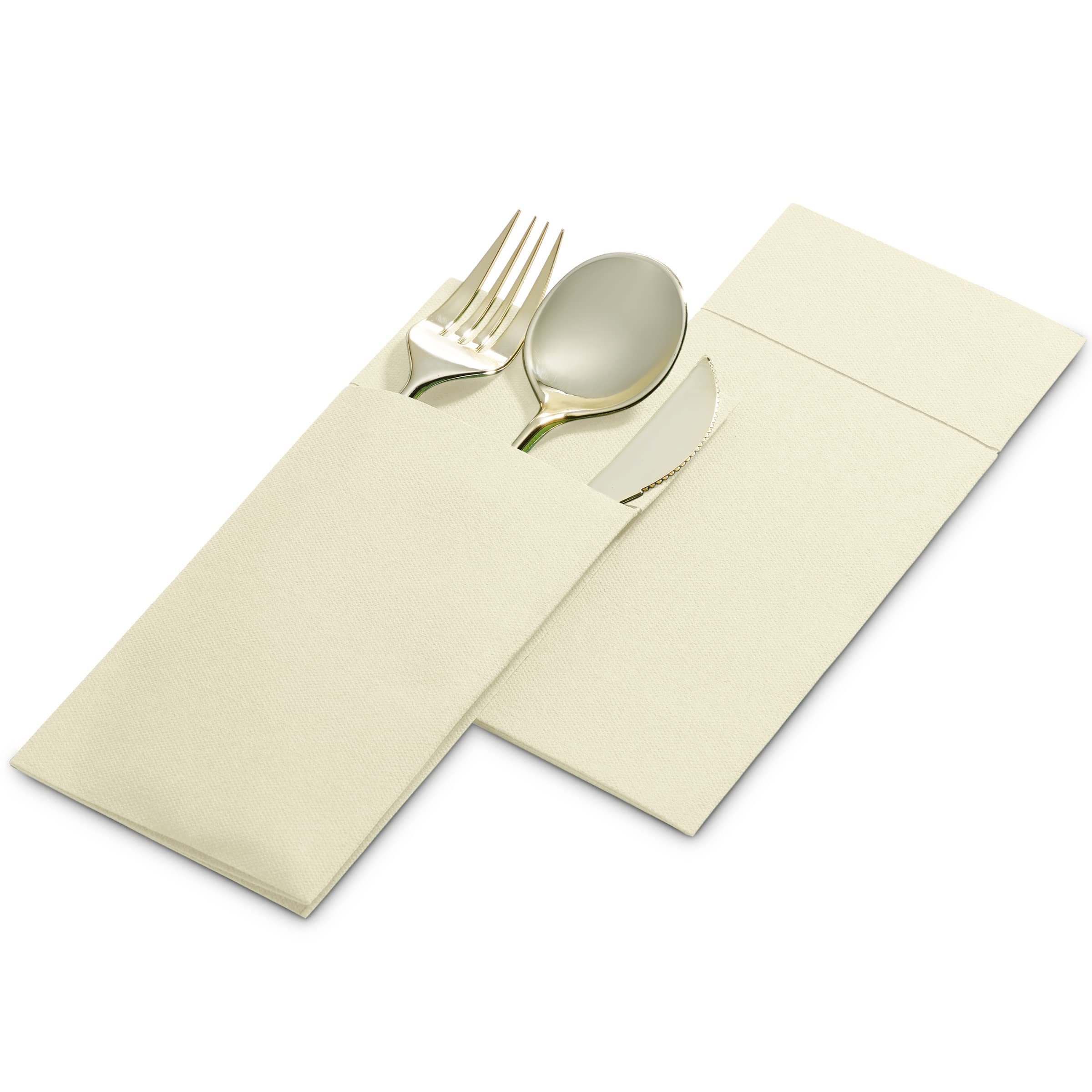 50-Pack Disposable Linen-Feel Dinner Napkins with Built-in Flatware Pocket, CREAM Prefolded Cloth Like Paper Napkins For Dinner, Wedding Or Party [Silverware NOT Included]