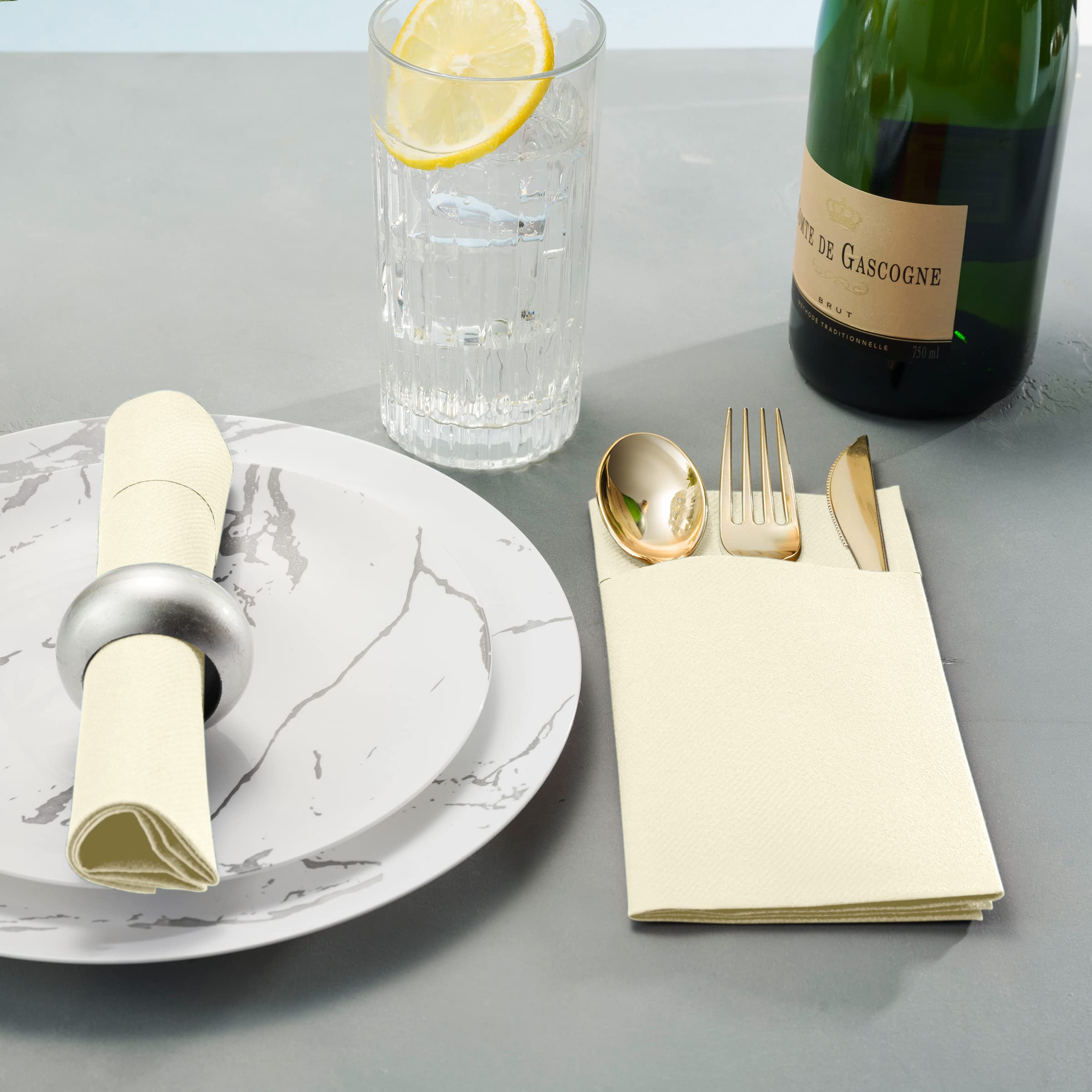 50-Pack Disposable Linen-Feel Dinner Napkins with Built-in Flatware Pocket, CREAM Prefolded Cloth Like Paper Napkins For Dinner, Wedding Or Party [Silverware NOT Included]