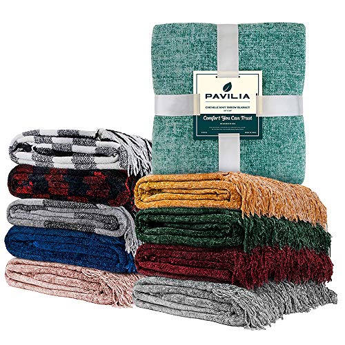PAVILIA Chenille Tassel Fringe Throw Blanket | Velvety Textured Decorative Knit Throw for Sofa Couch Bed | Soft Boho Woven Cozy Lightweight Knitted Throw | Light Grey 50 x 60 Inches