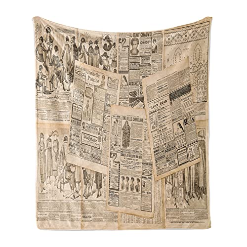Ambesonne Antique Throw Blanket, Newspaper Pages with Advertising and Fashion Magazine Woman Edwardian Publicity Image, Flannel Fleece Accent Piece Soft Couch Cover for Adults, 50" x 60", Cream