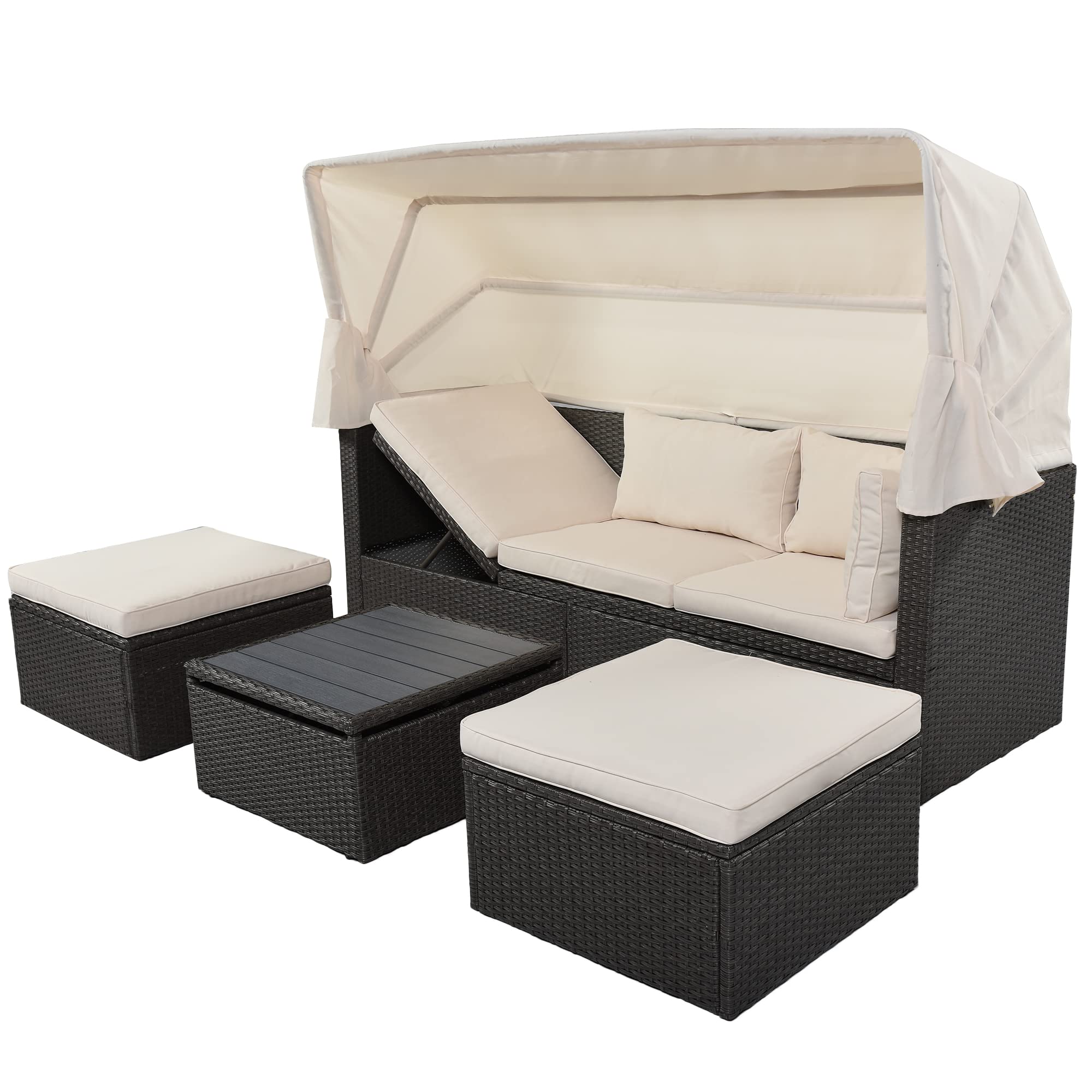Merax 4 PCS Outdoor Patio Conversation Sets PE Wicker Sectional Sofa Rattan Daybed with Canopy, Lift Top Table, and Ottomans, Beige(New)