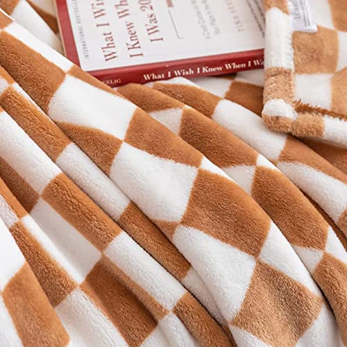 Checkerboard Throw Blankets Luxurious Plaid Flannel Blanket - Super Soft and Warm 100% Polyester Throw for Sofa, Couch, Bed, Car, and Airplane - Elegant Gift Ribbon Included (Khaki,60"x50")