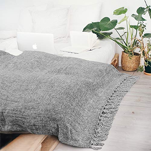 PAVILIA Chenille Tassel Fringe Throw Blanket | Velvety Textured Decorative Knit Throw for Sofa Couch Bed | Soft Boho Woven Cozy Lightweight Knitted Throw | Light Grey 50 x 60 Inches