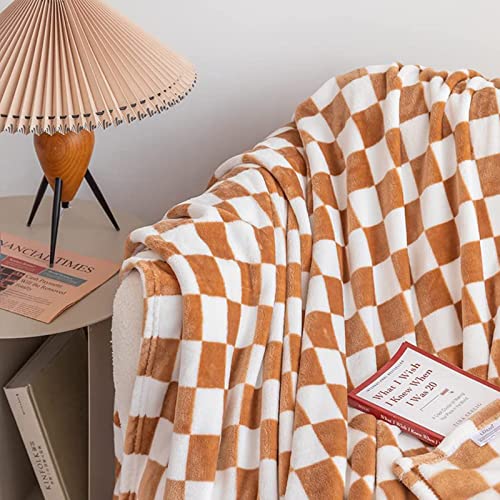 Checkerboard Throw Blankets Luxurious Plaid Flannel Blanket - Super Soft and Warm 100% Polyester Throw for Sofa, Couch, Bed, Car, and Airplane - Elegant Gift Ribbon Included (Khaki,60"x50")