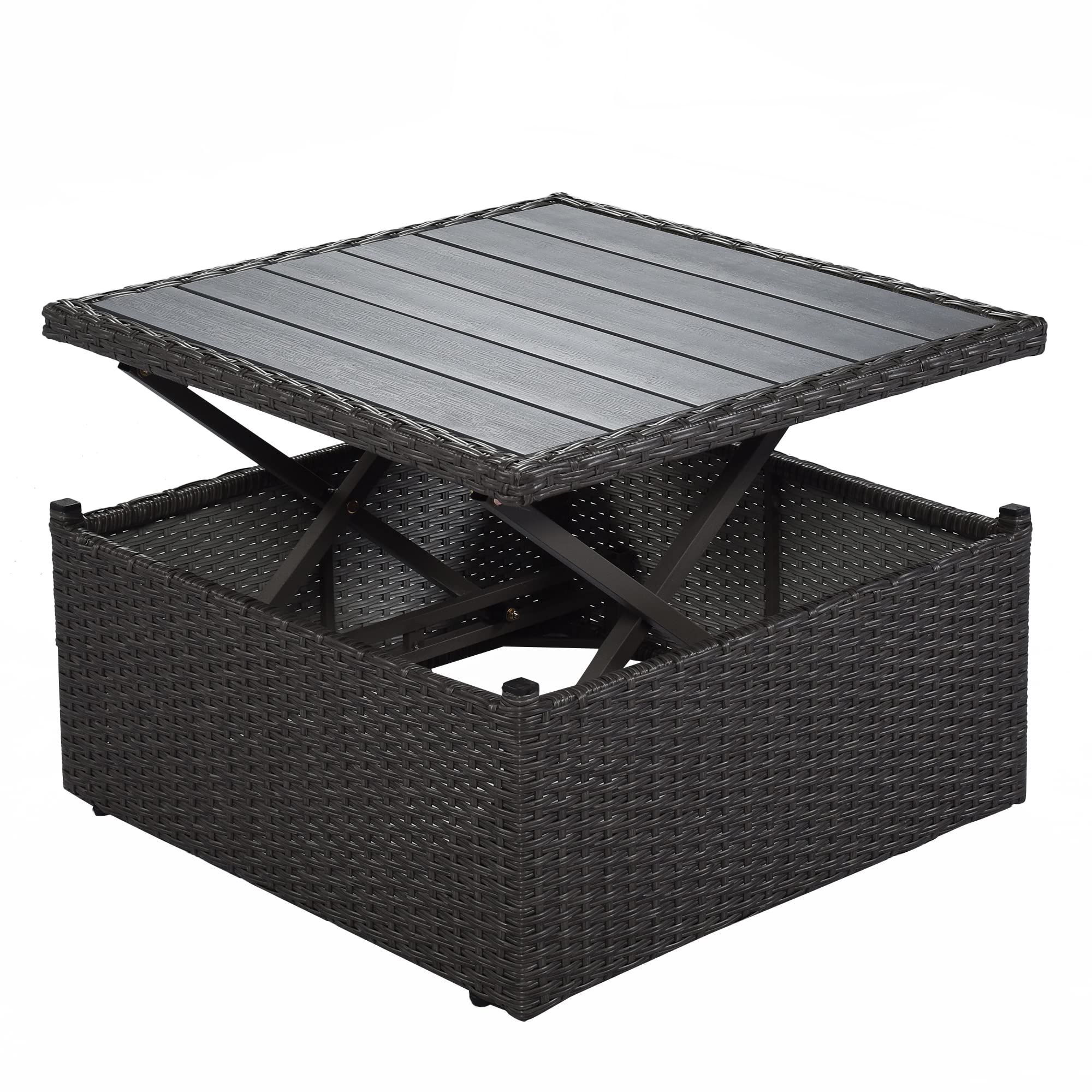 Merax 4 PCS Outdoor Patio Conversation Sets PE Wicker Sectional Sofa Rattan Daybed with Canopy, Lift Top Table, and Ottomans, Beige(New)