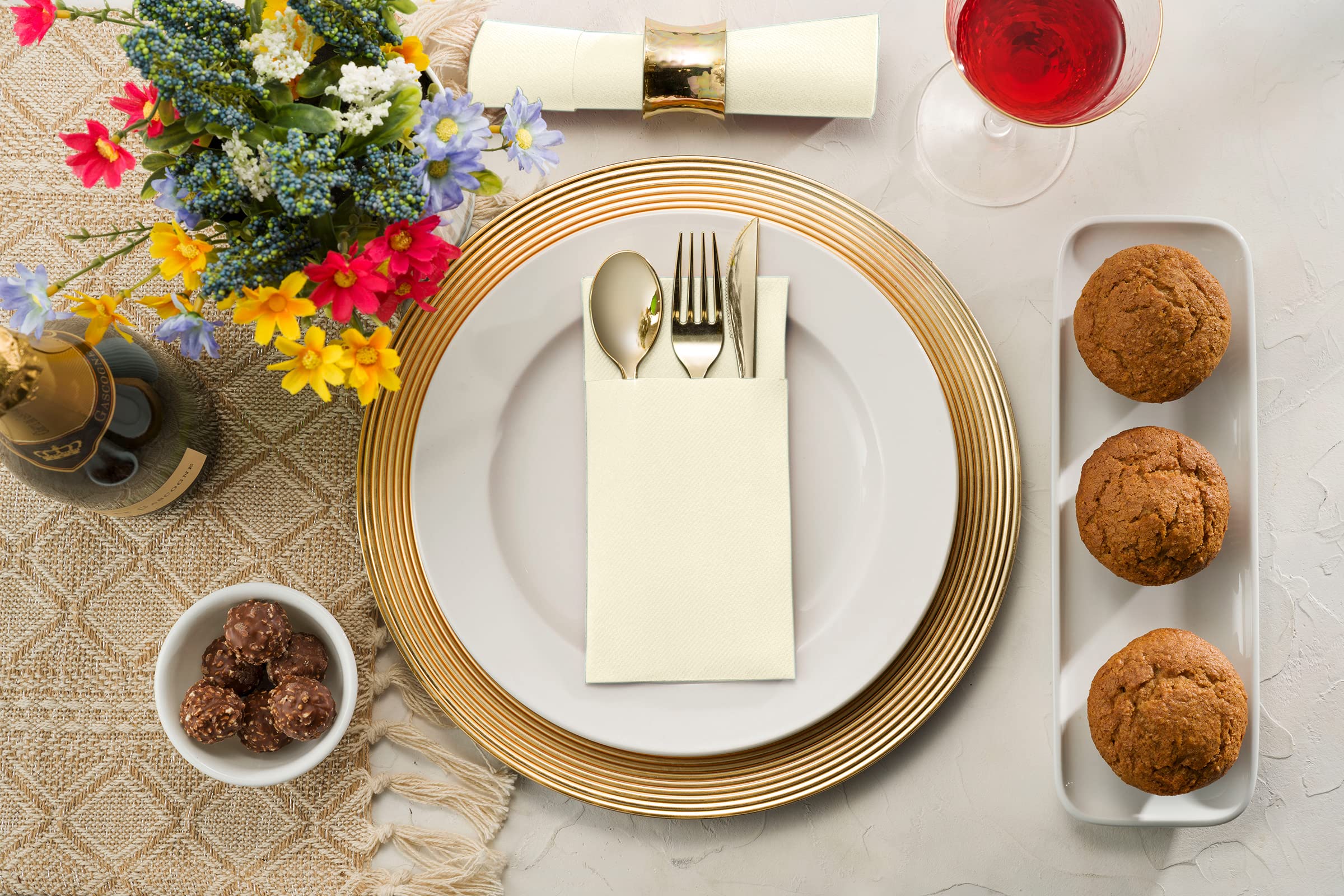 50-Pack Disposable Linen-Feel Dinner Napkins with Built-in Flatware Pocket, CREAM Prefolded Cloth Like Paper Napkins For Dinner, Wedding Or Party [Silverware NOT Included]