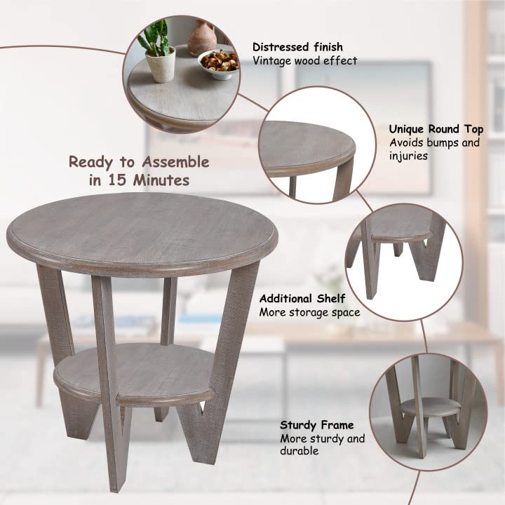 LONYKE Round Farmhouse End Table with Storage Shelf,French Country Grey Accent Table, Dinning or Living Room, Small Spaces, Modern, Vintage Grey Finish