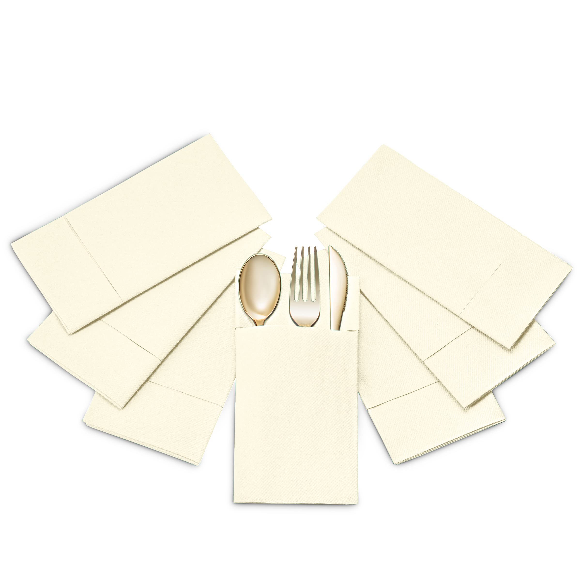 50-Pack Disposable Linen-Feel Dinner Napkins with Built-in Flatware Pocket, CREAM Prefolded Cloth Like Paper Napkins For Dinner, Wedding Or Party [Silverware NOT Included]