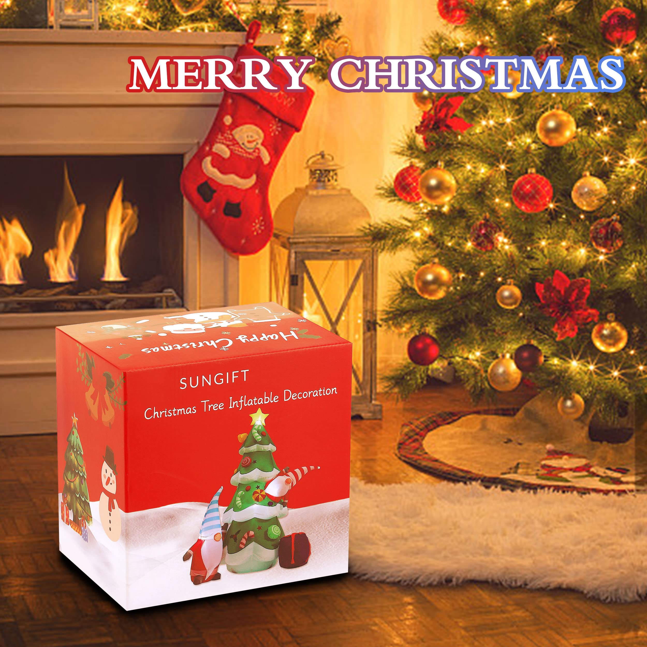 SUNGIFT Christmas Inflatable Tree, 7 FT Giant Lighted Christmas Blow Up Santa Claus with Gift Box for Indoor Outdoor Yard Garden Xmas Inflatables Party Decorations