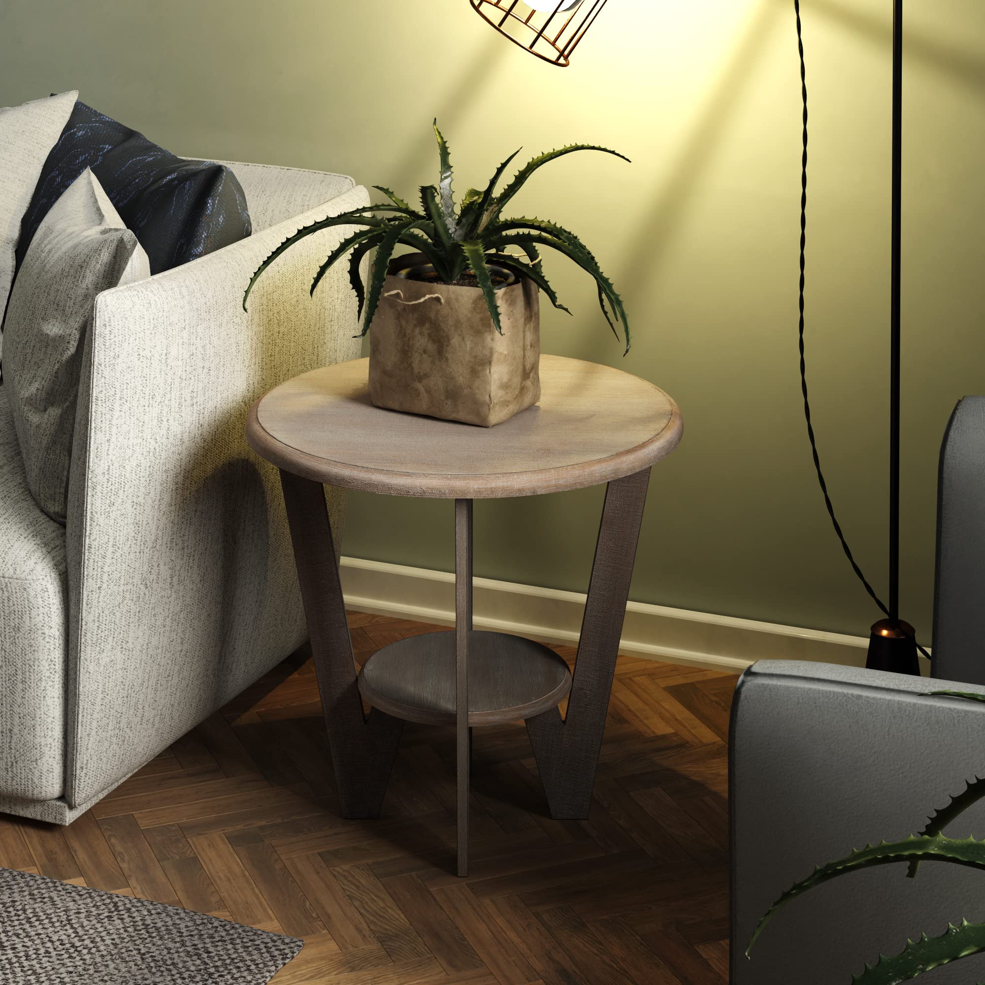 LONYKE Round Farmhouse End Table with Storage Shelf,French Country Grey Accent Table, Dinning or Living Room, Small Spaces, Modern, Vintage Grey Finish