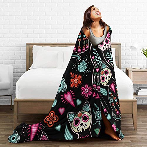 Day of The Dead Cat Kitten Sugar Skull Throw Blanket Soft Lightweight Durable Flannel Fleece Blanket 50"X40" for Bed Sofa Couch Camping Travel