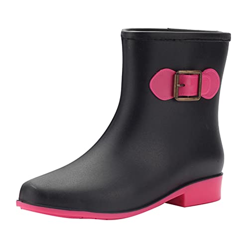 Toe Boots Women Low-Heeled Middle Shoe Rain Buckle Waterproof Round Women's Rain Shoes Craftsmen Work Boots Mens (Hot Pink, 9)