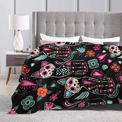 Day of The Dead Cat Kitten Sugar Skull Throw Blanket Soft Lightweight Durable Flannel Fleece Blanket 50"X40" for Bed Sofa Couch Camping Travel