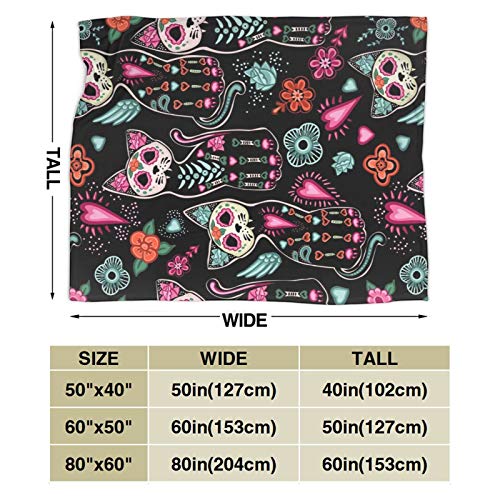 Day of The Dead Cat Kitten Sugar Skull Throw Blanket Soft Lightweight Durable Flannel Fleece Blanket 50"X40" for Bed Sofa Couch Camping Travel