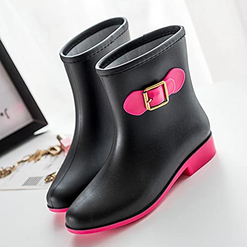 Toe Boots Women Low-Heeled Middle Shoe Rain Buckle Waterproof Round Women's Rain Shoes Craftsmen Work Boots Mens (Hot Pink, 9)