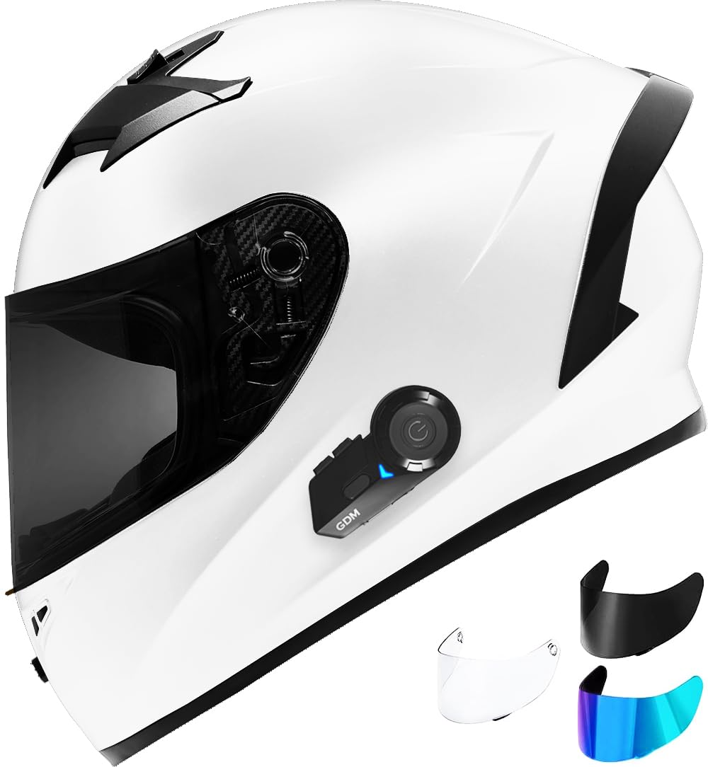 Bluetooth Motorcycle Helmet with Clear, Tinted, Iridium Shields (Gloss White, Large)