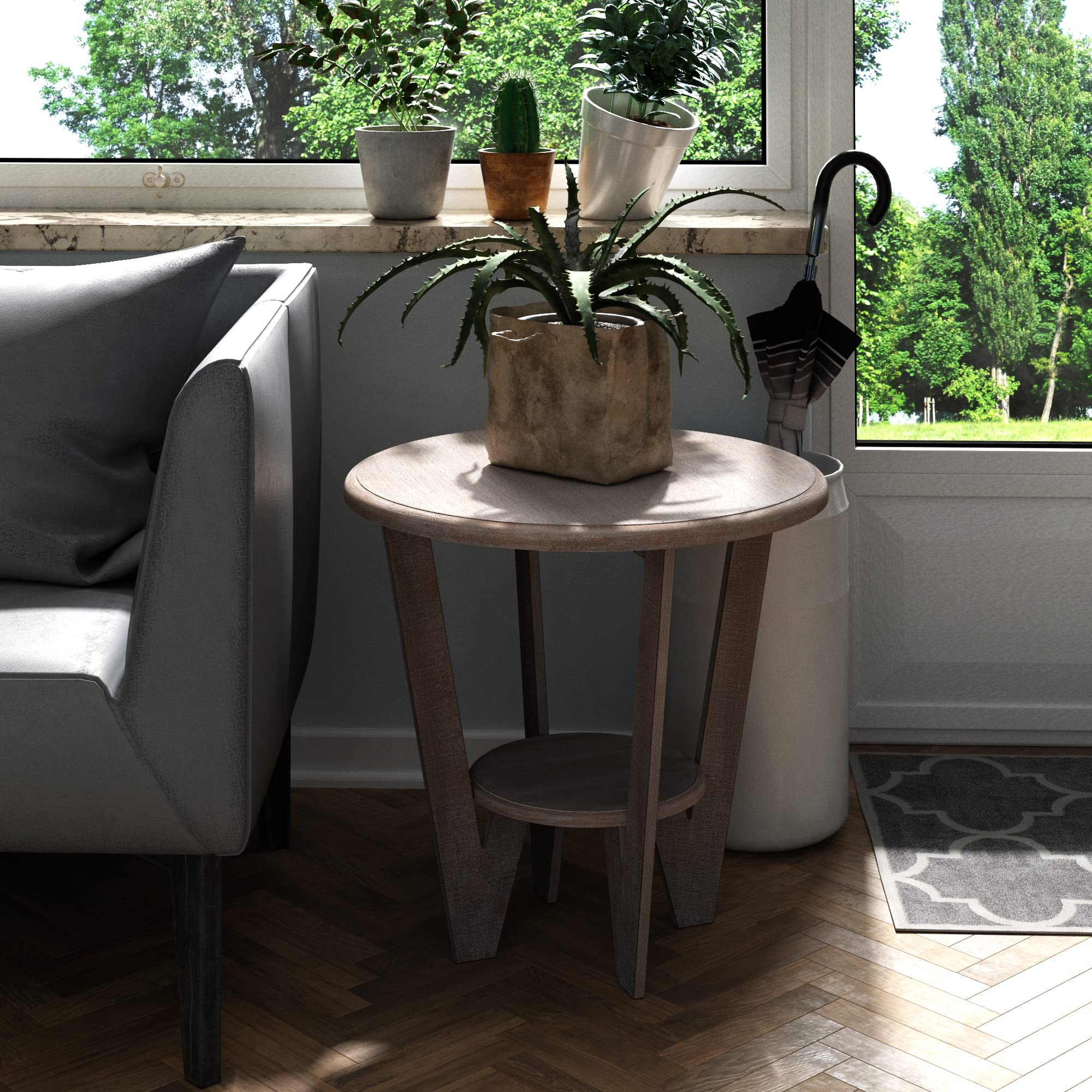 LONYKE Round Farmhouse End Table with Storage Shelf,French Country Grey Accent Table, Dinning or Living Room, Small Spaces, Modern, Vintage Grey Finish