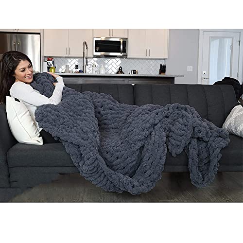 Chunky Knit Throw Blanket Soft Cozy Chenille Casual Handwoven Blanket for Bed Sofa Chair Home Decor (Dark Gray, 40" × 48")